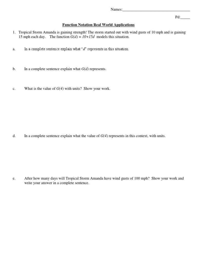 Function Notation Real World Application Problems 2017-2018 | PDF ...