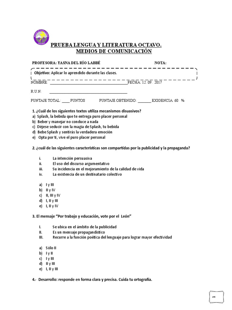 Prueba Octavo Medios de Comunicacion | PDF | Propaganda | Comunicación