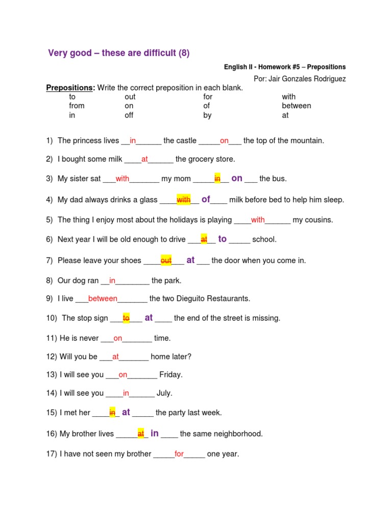 Very Good - These Are Difficult (8) : Prepositions: Write The Correct ...