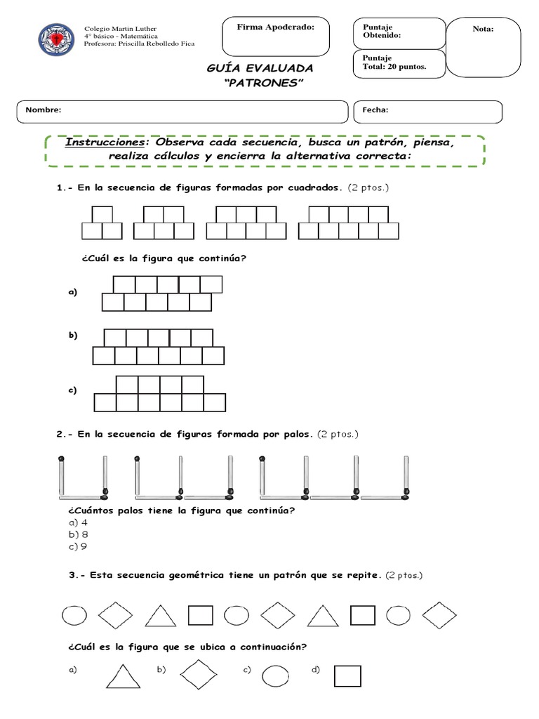 Guia Evalauada Patrones Cuarto | Secuencia | Matemáticas