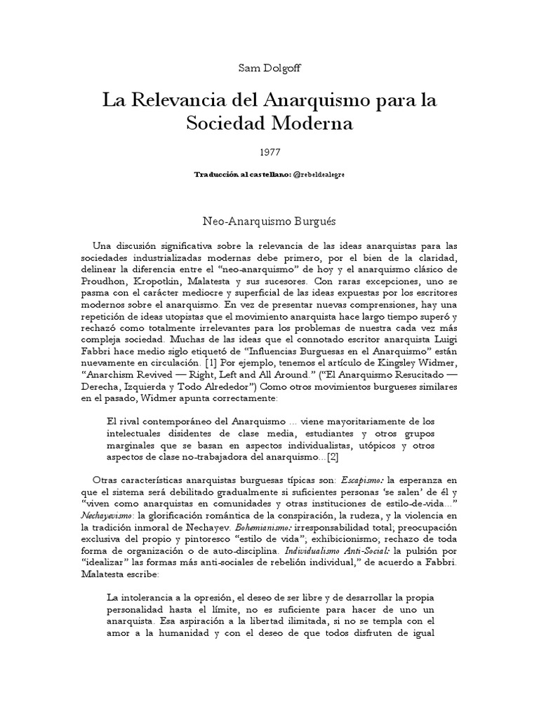Dolgoff, Sam - La Relevancia Del Anarquismo para La Sociedad Moderna ...