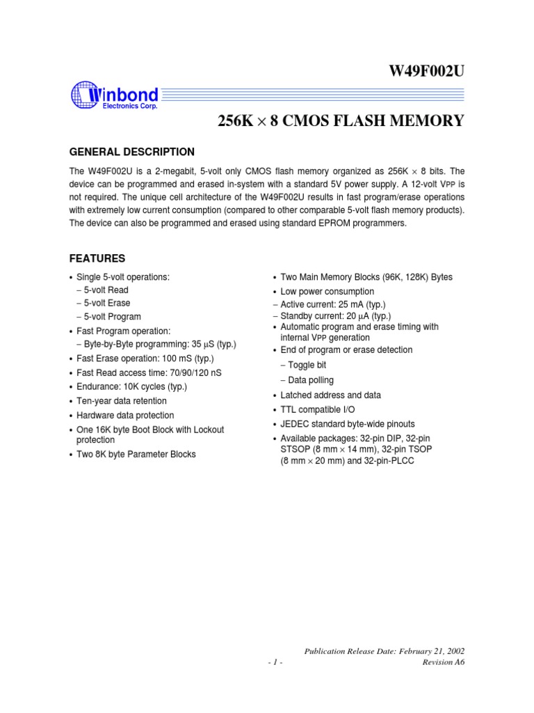 W49f002u, 256K X 8 CMOS FLASH MEMORY | PDF | Flash Memory | Booting