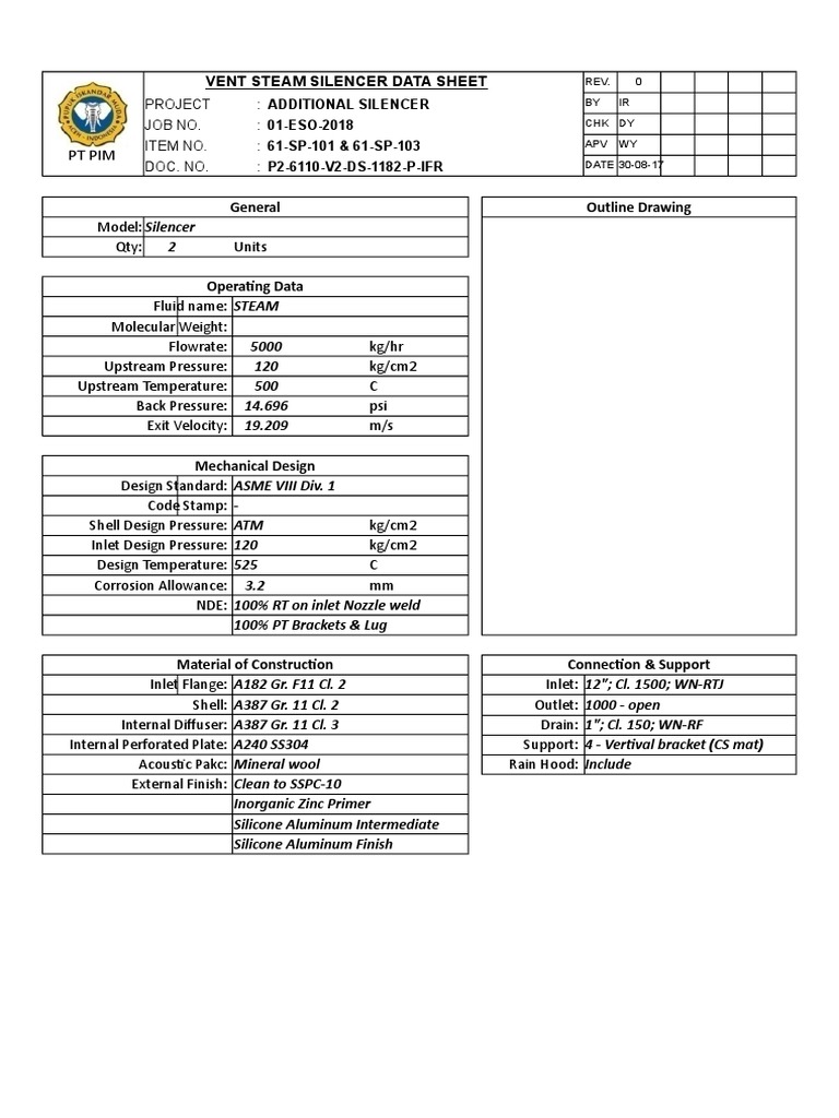 Vent Steam Silencer Data Sheet - Design Parameters, Material ...