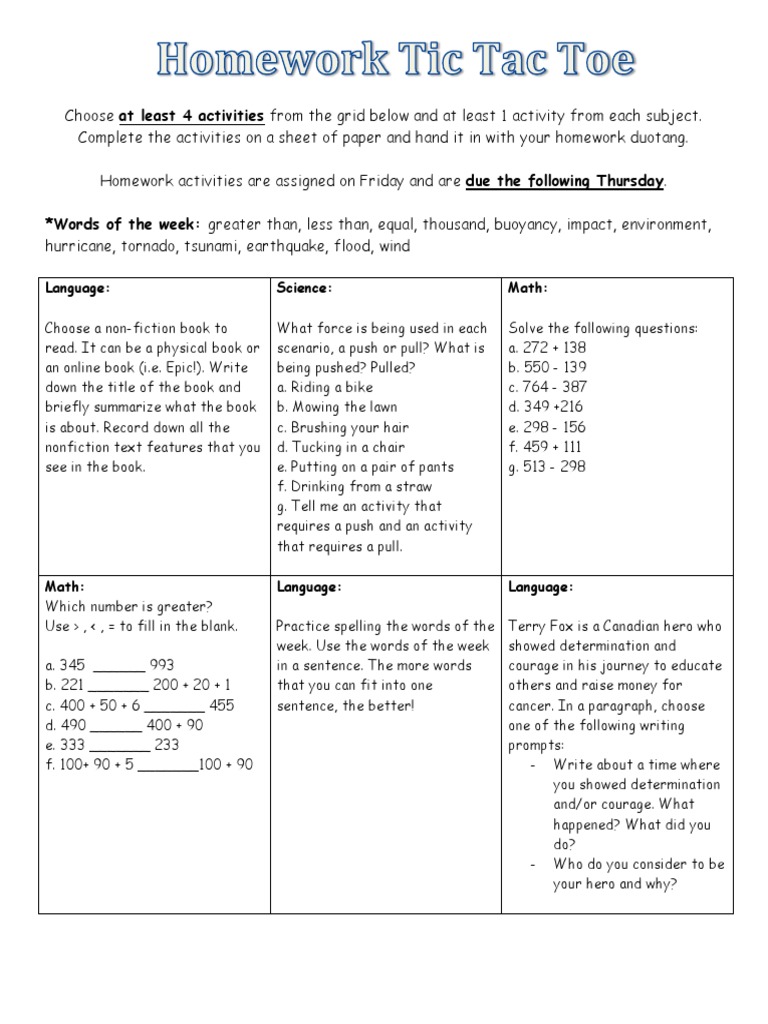Homework Tic Tac Toe Template | PDF