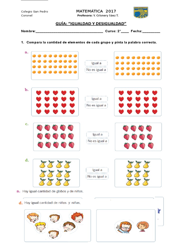 Ejercicios de Igualdad y Desigualdad 2° Básico | PDF