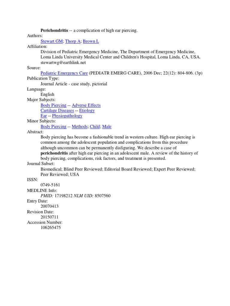 Stewart GM Thorp A Brown L: Perichondritis - A Complication of High Ear ...