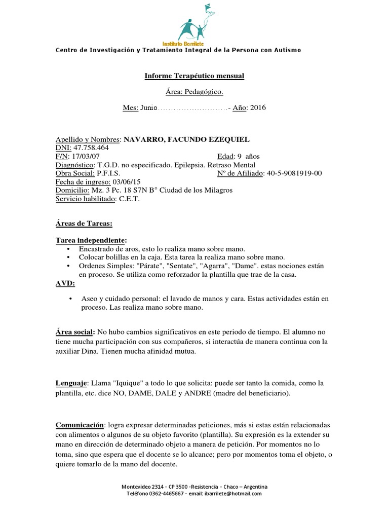 Informe de Facundo | PDF | Autismo | Discapacidad intelectual