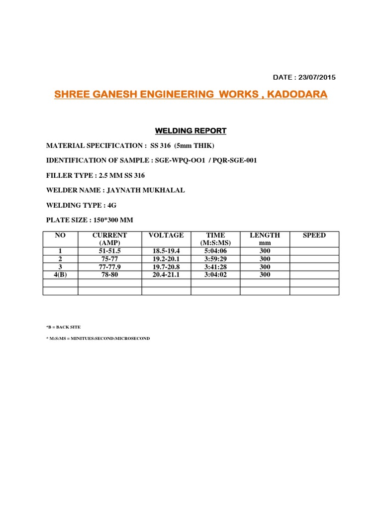 Shree Ganesh Engineering Works, Kadodara: Welding Report | PDF