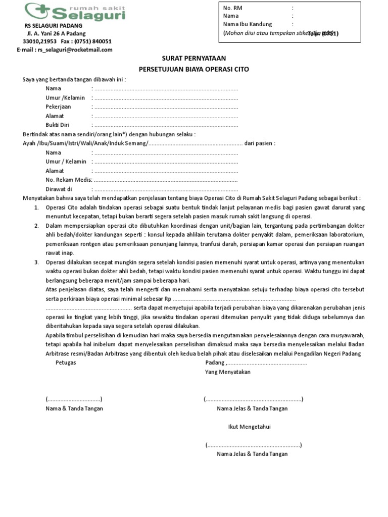 Surat Pernyataan Persetujuan Biaya Operasi Cito | PDF