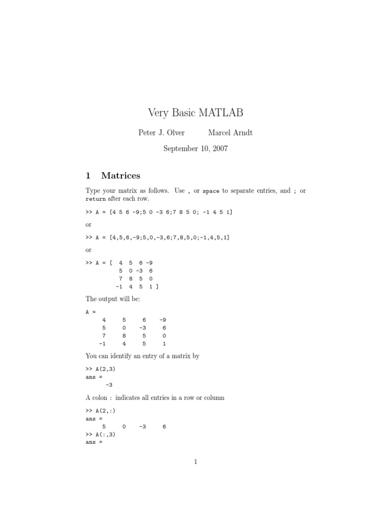 Very Basic Matlab PDF | PDF | Matrix (Mathematics) | Functions And Mappings