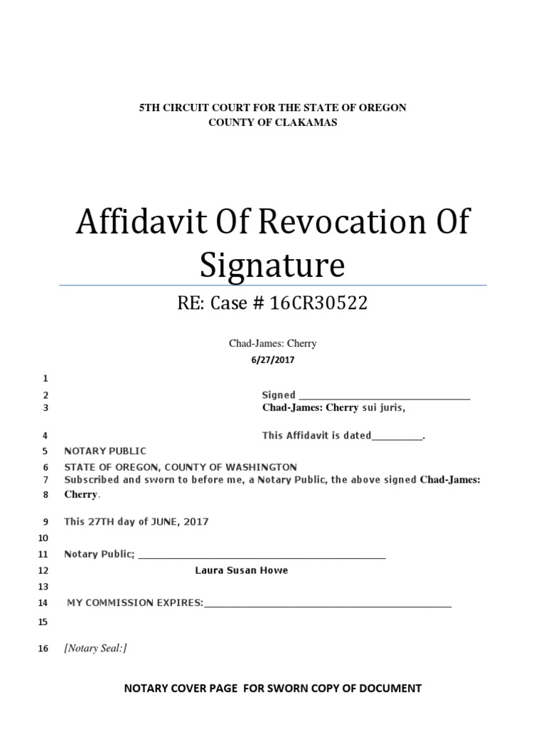 Affidavit of Revocation of Signature: RE: Case # 16CR30522 | PDF ...