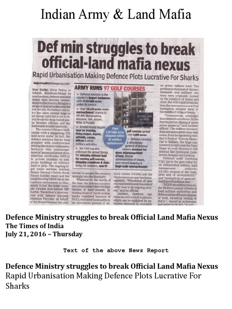 Indian Army & Land Mafia | PDF | Independent India | Government Of India