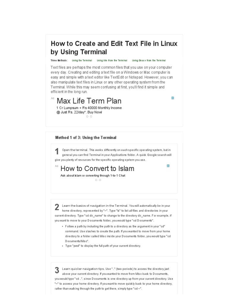 Max Life Term Plan: How To Create and Edit Text File in Linux by Using ...