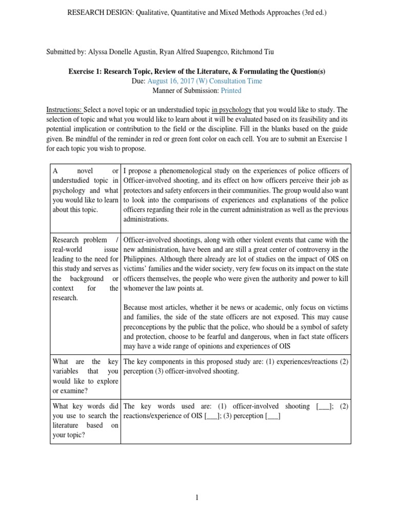 Exercise 1: Research Topic, Review of The Literature, & Formulating The ...