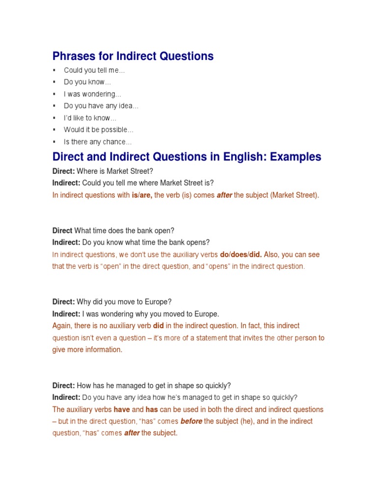 Indirect Questions: Phrases and Examples | PDF | English Language ...