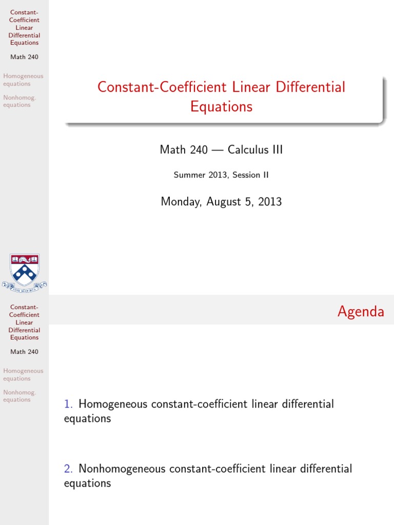 Constant-Coefficient Linear Differential Equations: Math 240 - Calculus ...