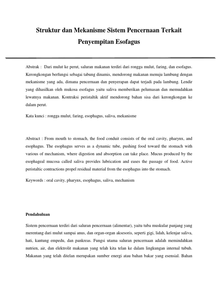 Struktur Dan Mekanisme Sistem Pencernaan Terkait Penyempitan Esofagus | PDF