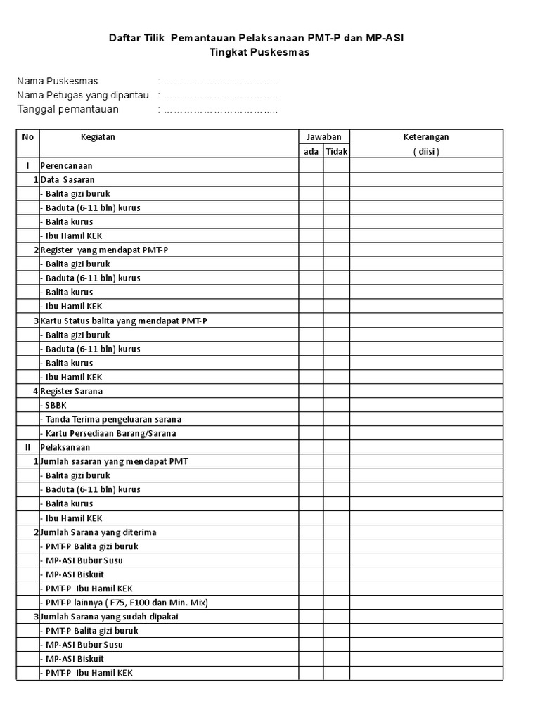 Daftar Tilik PMT | PDF