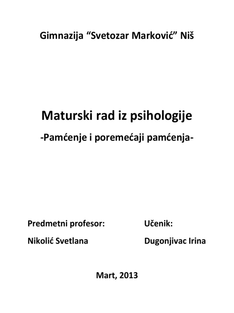 Pamcenje I Poremecaji Pamcenja | PDF