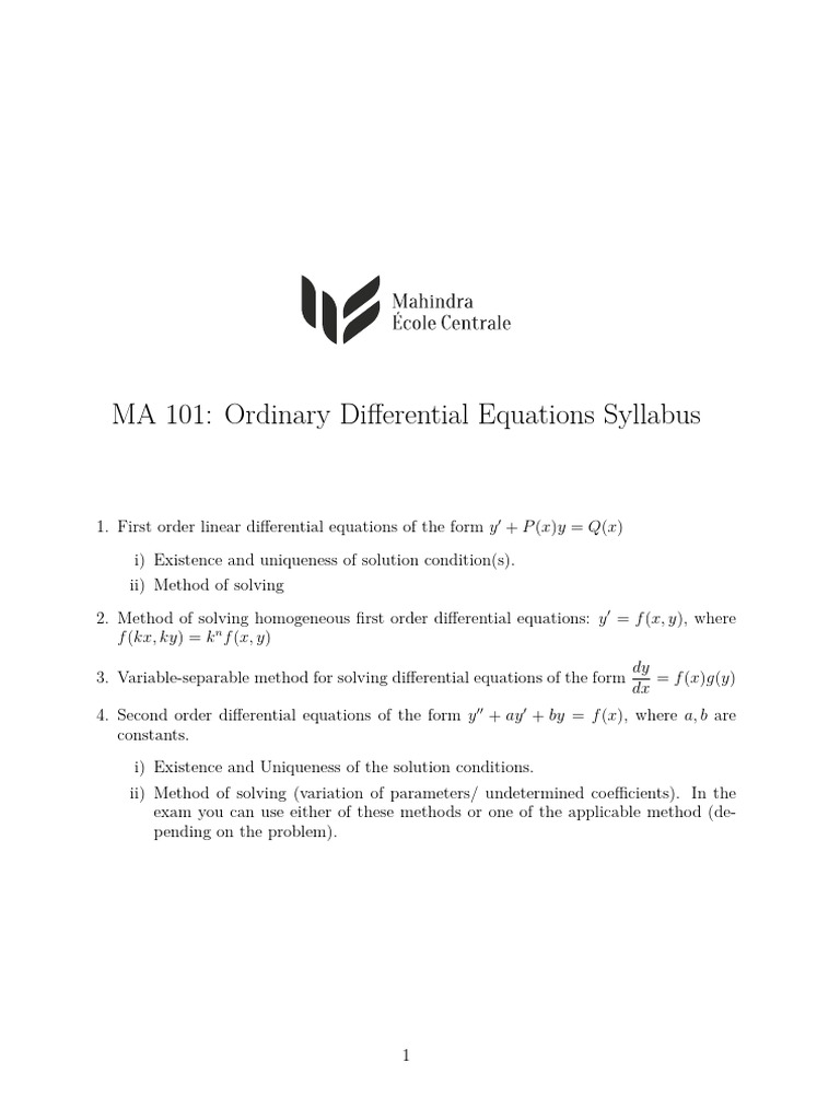 MA 101: Ordinary Differential Equations Syllabus | PDF | Equations | Rates