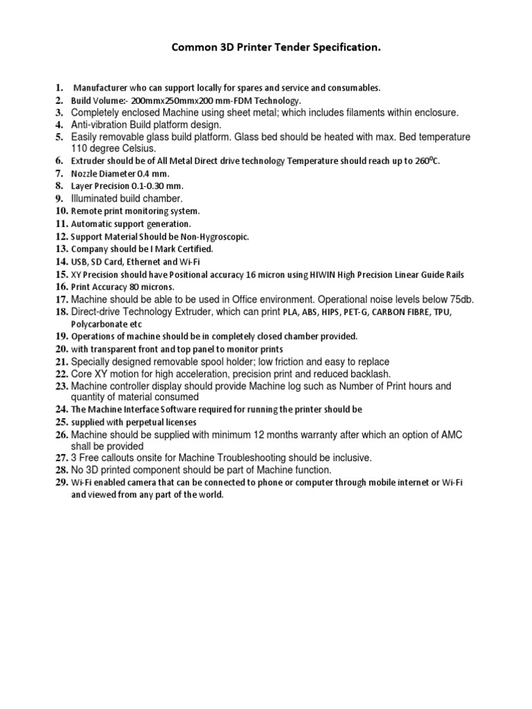 Common 3D Printer Tender Specification | PDF | 3 D Printing | Printer ...
