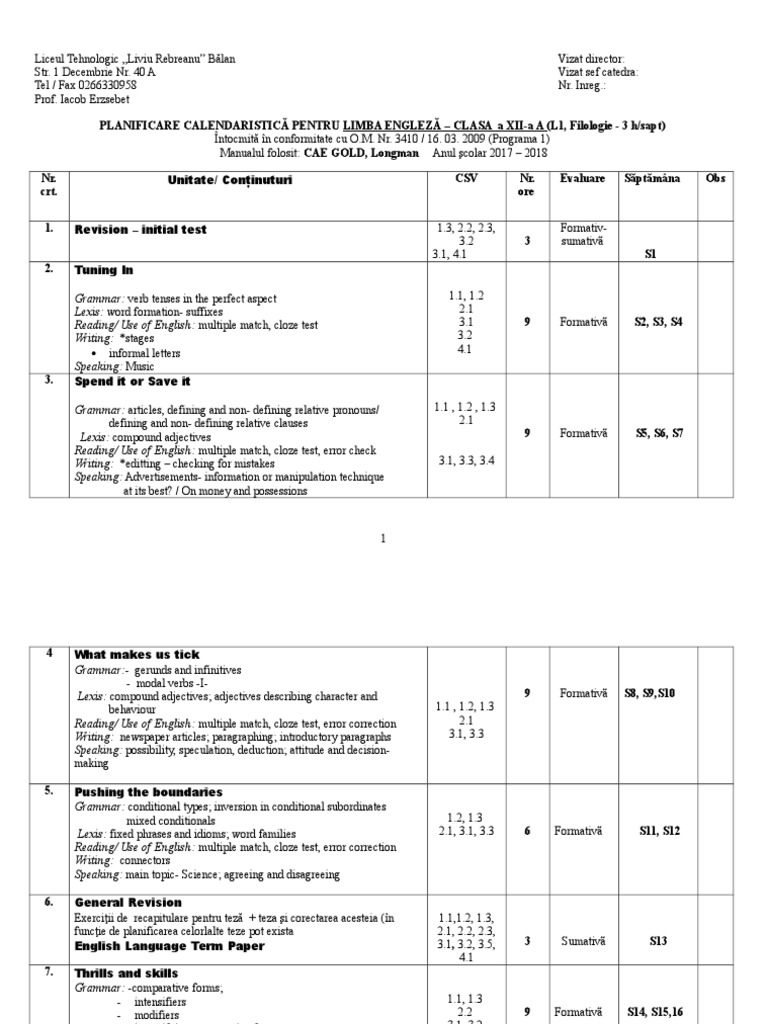 Clasa A Xii A Filo 2017-2018 | PDF | English Language | Phrase