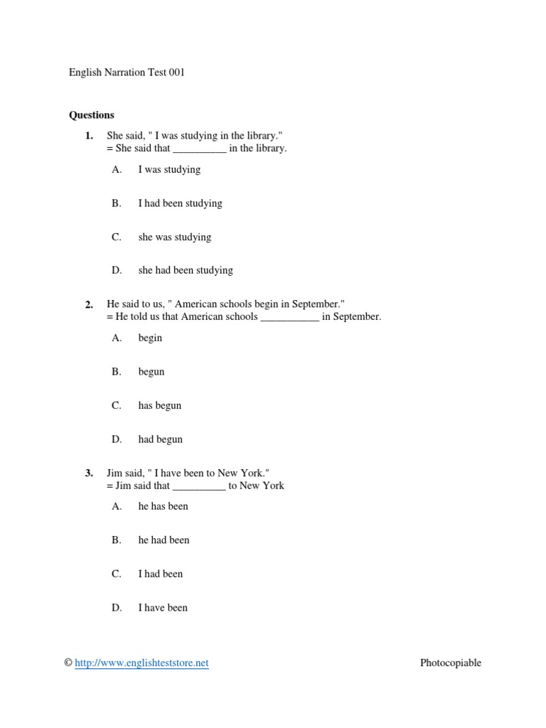 English Narration Test 001 | PDF
