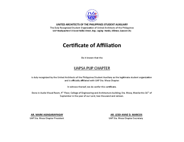 Certificate of Affiliation: Uapsa Pup Chapter | PDF