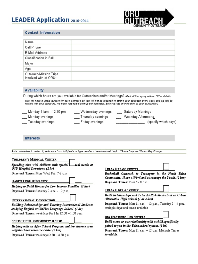 ORU Community Outreach Leader Application | PDF | Leadership | Workweek ...