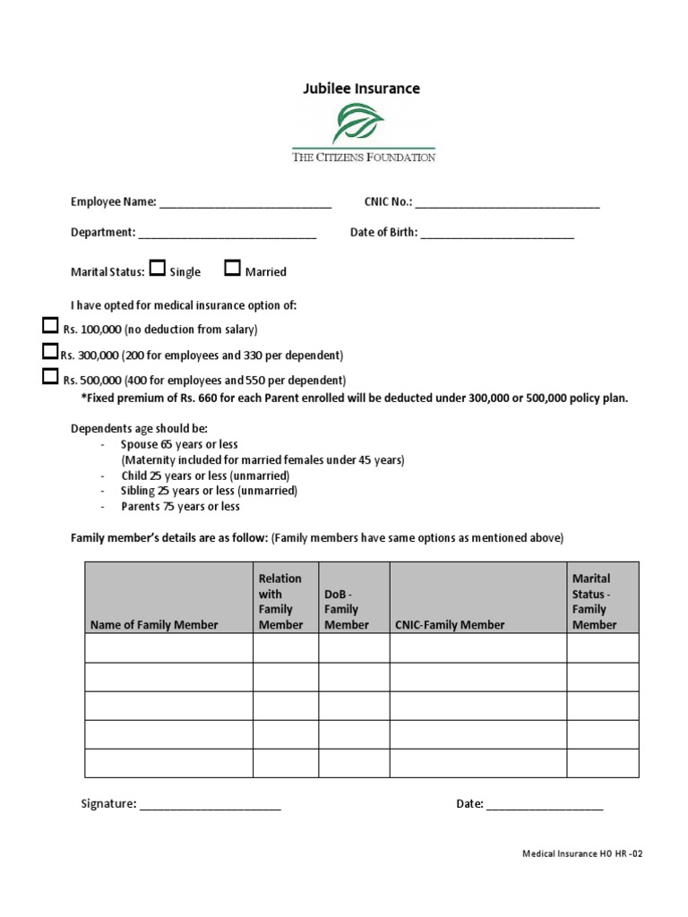 Medical Insurance Form - August 2017 | PDF