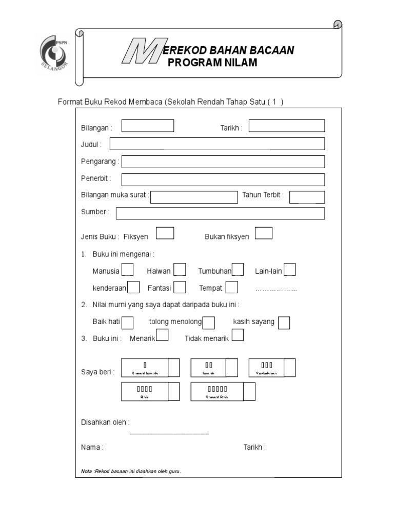 Format Buku Rekod Bacaan Nilam | PDF