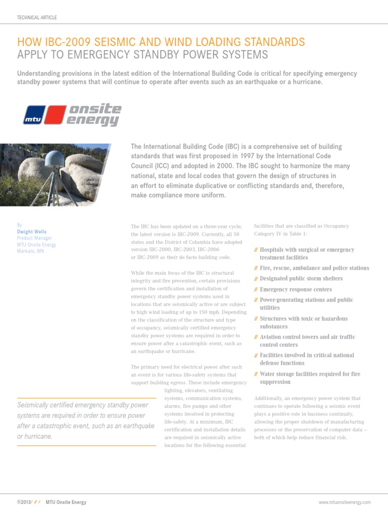 Apply To Emergency Standby Power Systems: How Ibc-2009 Seismic and Wind ...