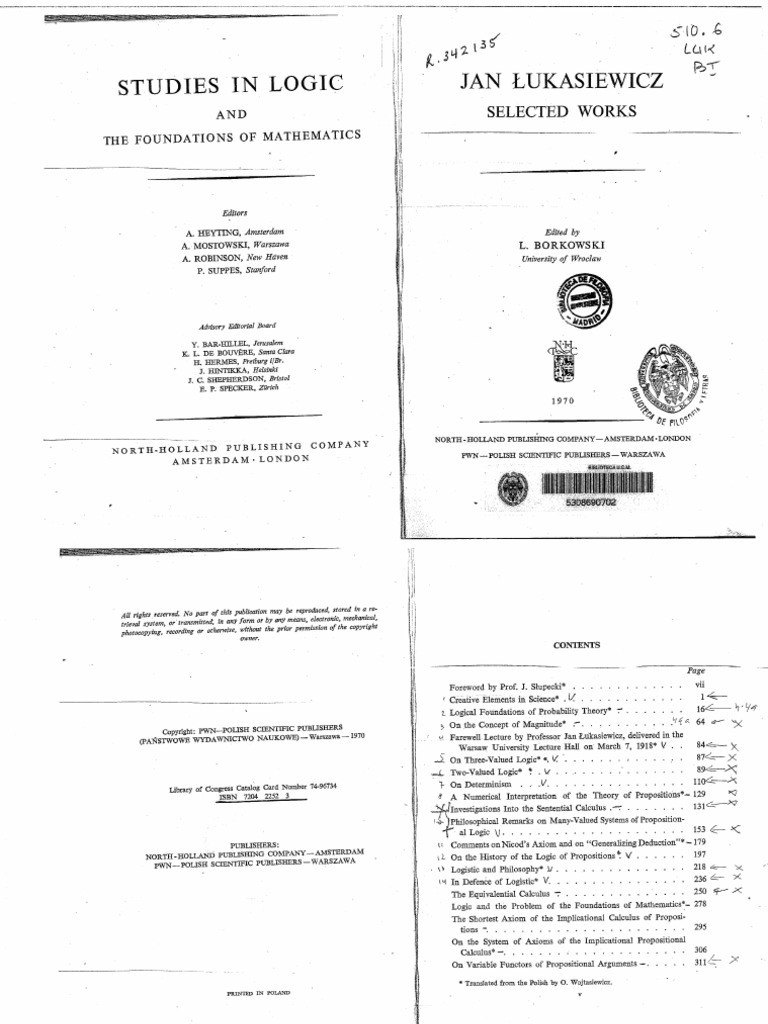 J. Lukasiewicz, Selected Works, L. Borkowski Editor | PDF ...