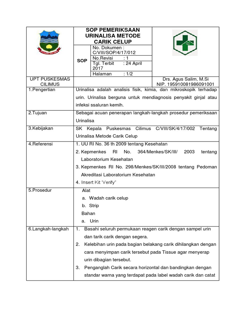 SOP Urinalisa Metode Carik Celup | PDF