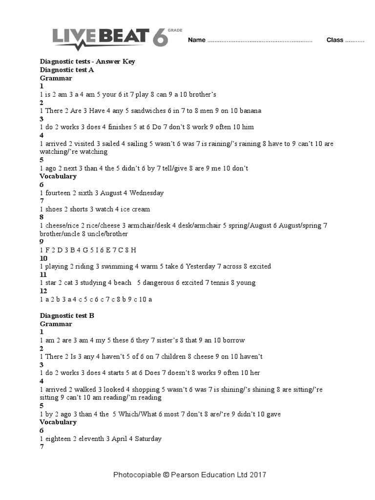 Diagnostic Tests - Answer Key Diagnostic Test A Grammar 1 2 3 4 | PDF