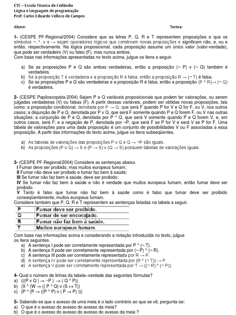 Exercícios de Lógica Matemática | PDF | Lógica | Lógica matemática