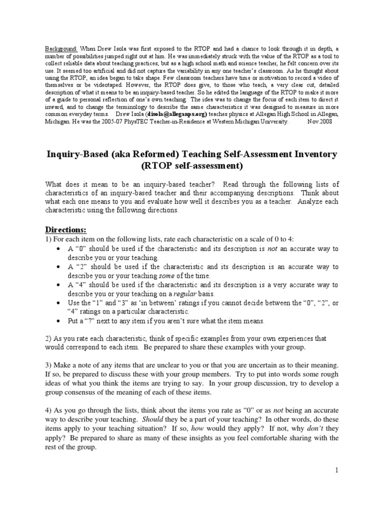 Inquiry-Based Teaching Self-Assessment Guide | PDF | Self-Improvement ...