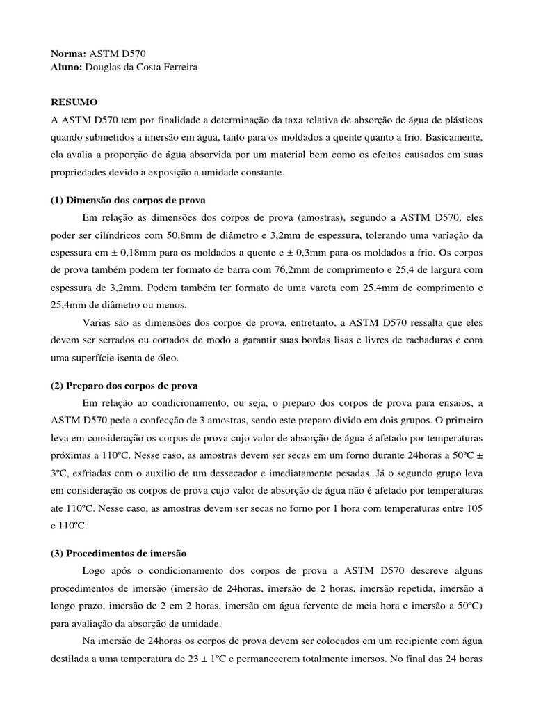 RESUMO ASTM D570 Absorção de Umidade | PDF | Temperatura | Solubilidade