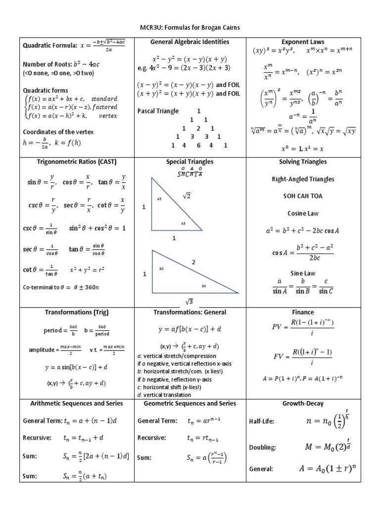 MCR3U Formulas | PDF | Sine | Trigonometric Functions