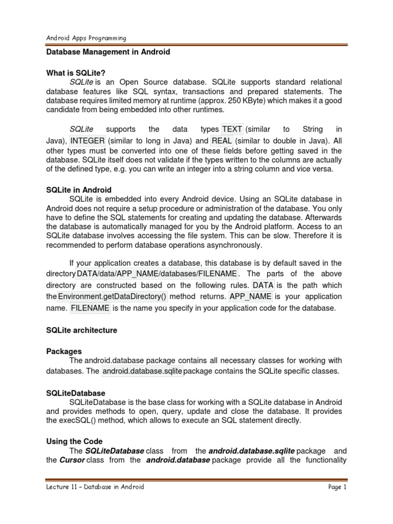 11 - Database in Android | PDF | Method (Computer Programming) | Databases