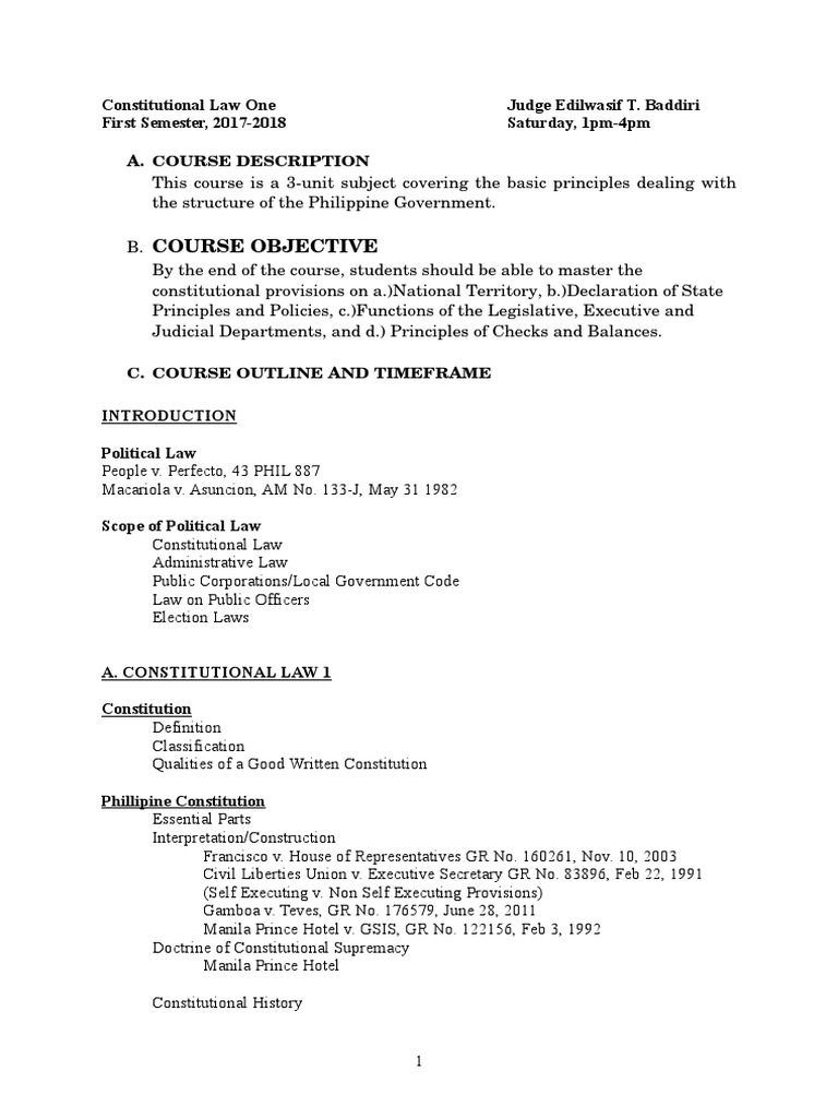 Constitutional Law 1 Syllabus | PDF | Constitution | Commission On ...
