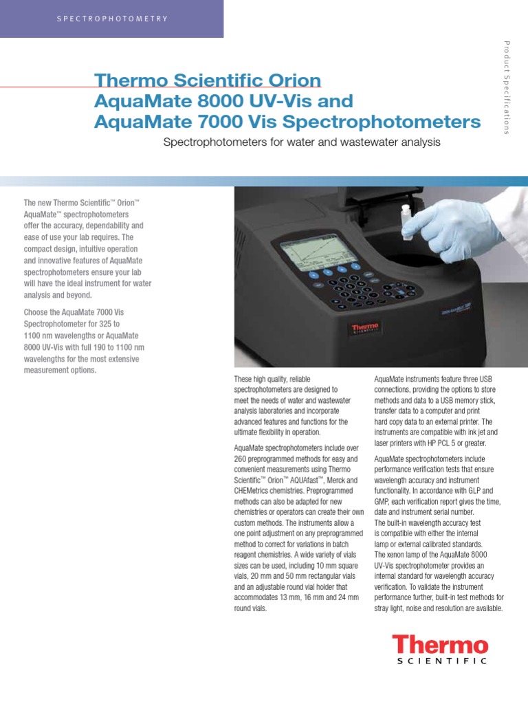 Orion AquaMate Specification Sheet | PDF | Spectrophotometry | Ultraviolet–Visible Spectroscopy