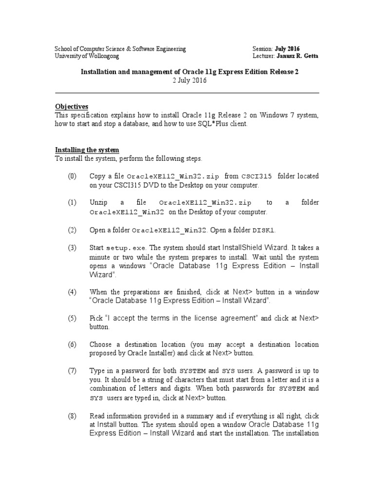 Installation And Management Of Oracle 11g Express Edition Release 2 Pdf Oracle Database 