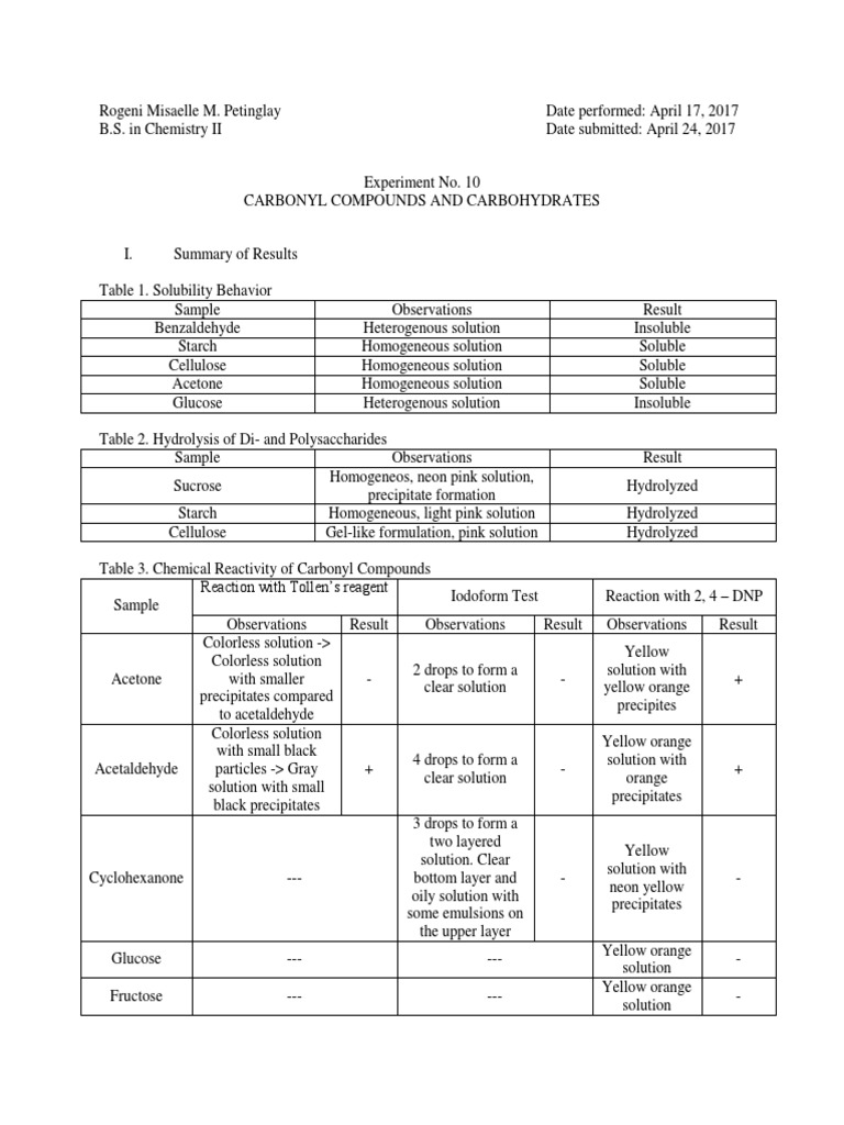 Organic Chemistry Experiment 10 | PDF | Carbohydrates | Chemical Compounds