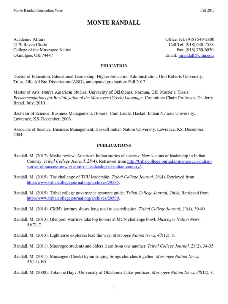 Monte Randall Vitae Fall 2017 | PDF | Muscogee | University Of Oklahoma