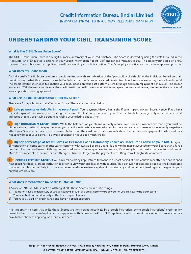 Understanding Your Cibil Transunion Score | PDF | Credit (Finance ...