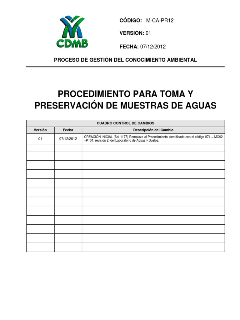 Procedimiento para Toma de muestrasCDMB PDF | PDF | Laboratorios ...