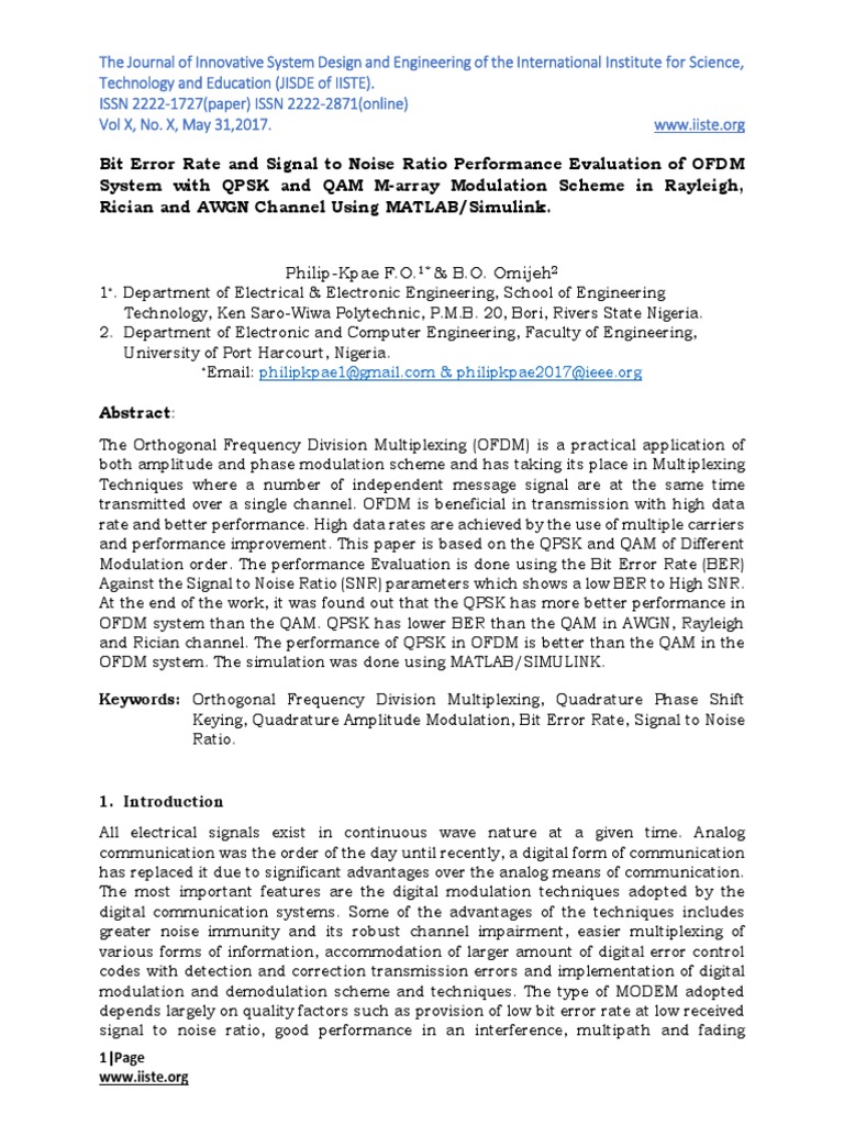 Bit Error Rate and Signal To Noise Ratio Performance Evaluation of OFDM ...