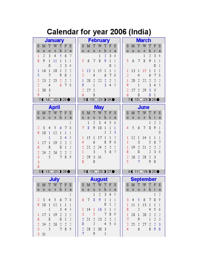 Calendar For Year 2006 | PDF | Observances | South Asia