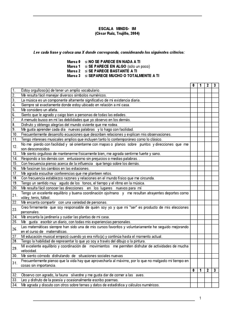 ESCALA MINDS (CUESTIONARIO).docx | Aprendizaje | Ocio | Prueba gratuita ...